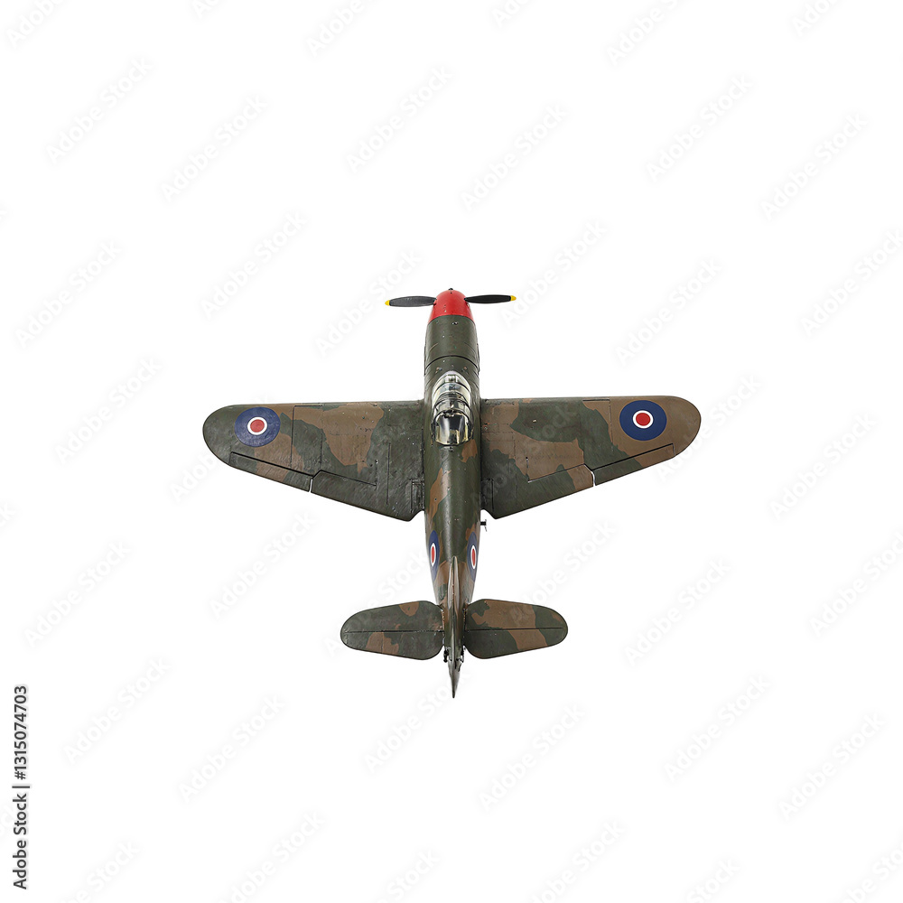 Vintage WWII fighter plane with red nose and roundels on a white ...