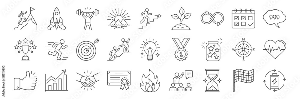 Motivation line icon set. Vector pictograms of personal growth, goal ...
