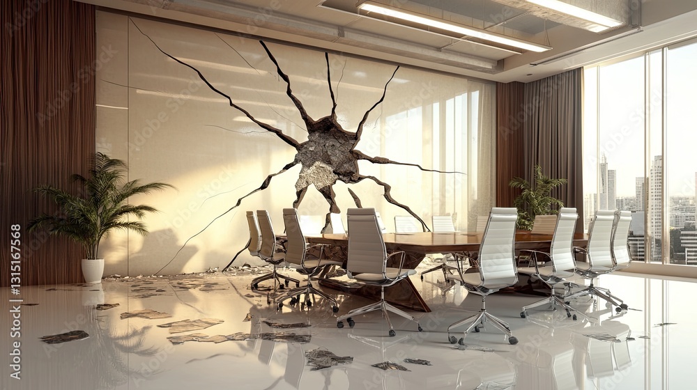 Destroyed office environment: A large crack running through a glass ...