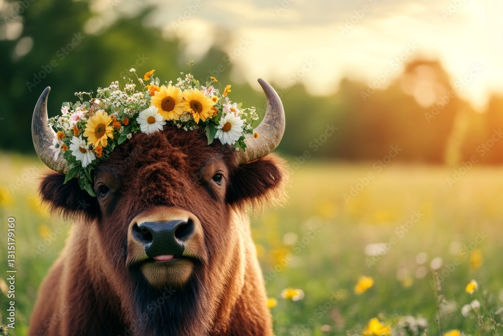 Soft daylight. Cute adult animal bison wearing fierce flower wreath on ...