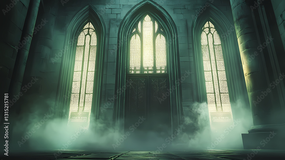 Infernal cathedral doors with an unholy glow and arcane inscriptions ...