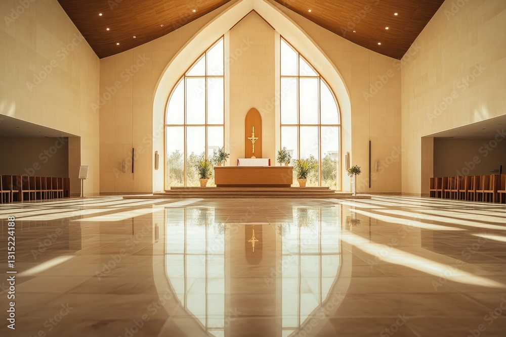 Sunlit modern church interior with polished floors, large arched ...