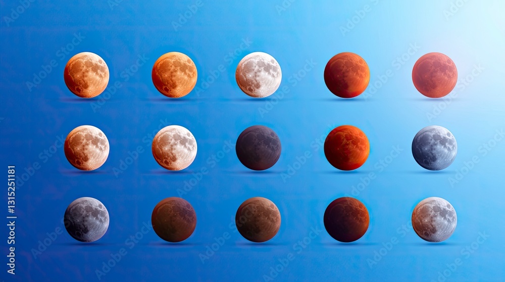 Lunar eclipse phases sequence; fifteen stages of a total lunar eclipse ...