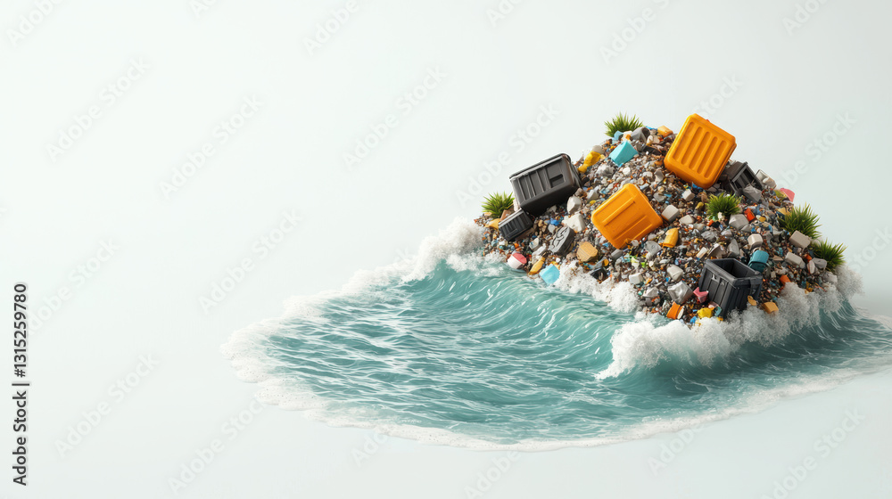 conceptual 3D depiction of floating trash islands, showcasing waste ...