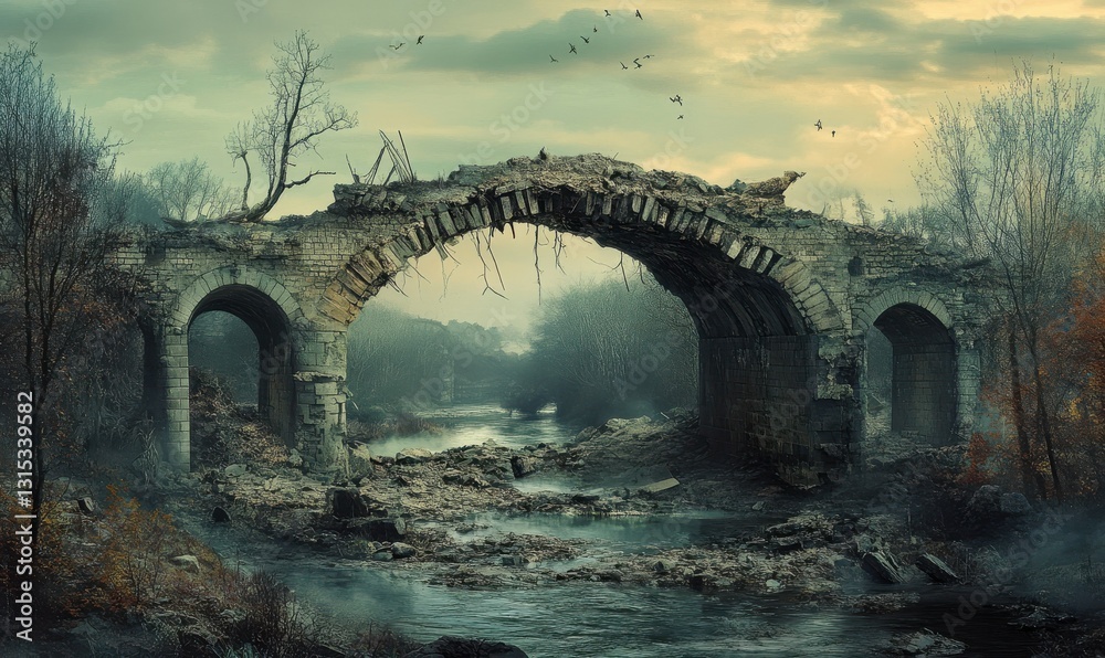 A crumbling bridge connecting two nations a symbol of division and ...