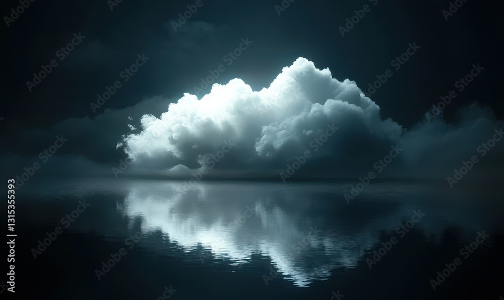 Minimalist scene of glowing white cloud against a dark reflective ...