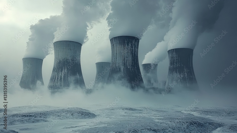 Isolated nuclear power station on a frozen tundra heavy snowfall ...
