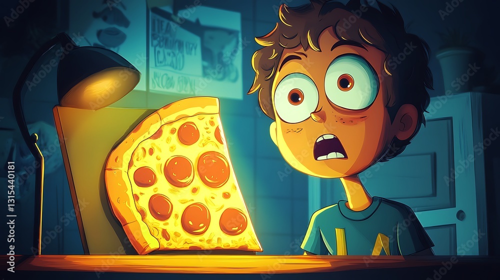 A boy stares in awe at a giant pizza slice illuminated on his desk at night. Stock Illustration ...