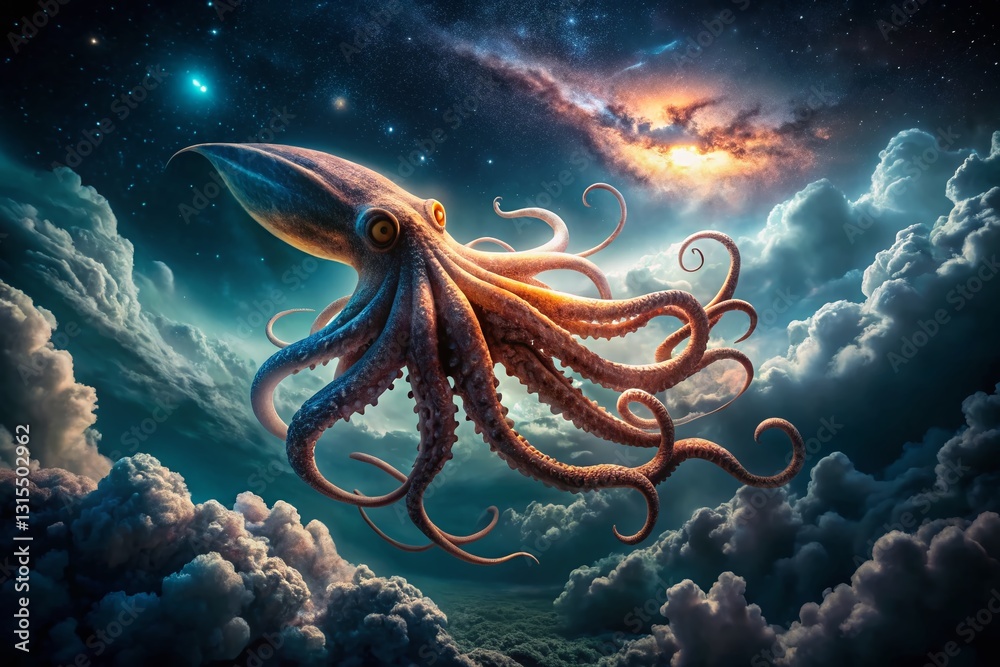 Giant Squid Soaring Through Night Sky - Mystical Ocean Creature in ...