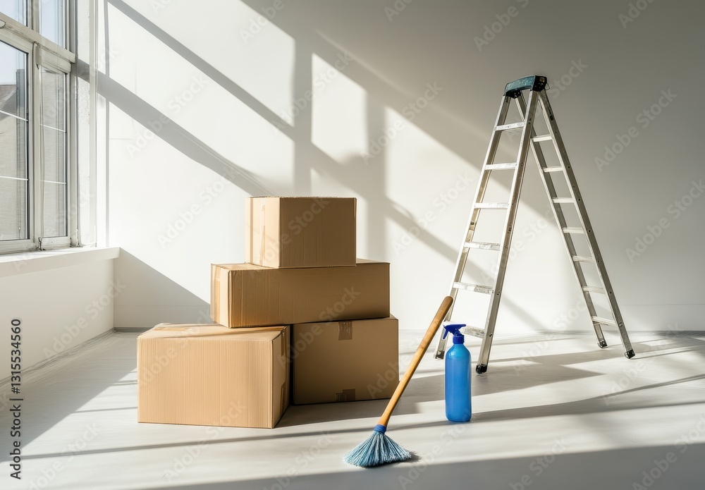 Empty Room with Moving Boxes, Mop, Cleaning Spray and Ladder Under ...