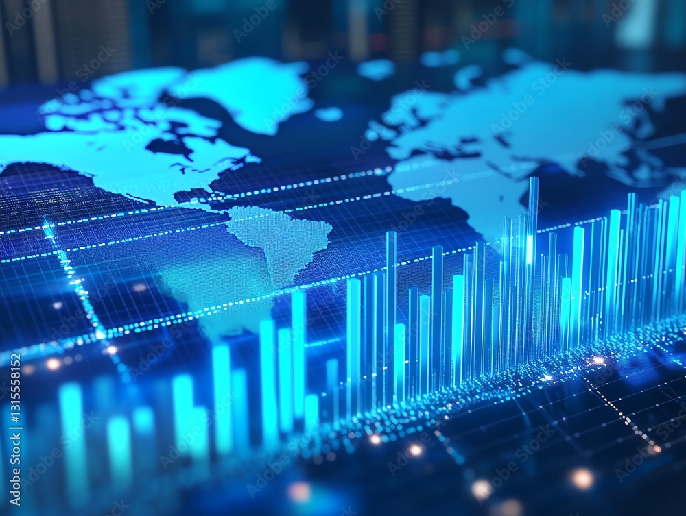 Financial chart with blue bar graph and line overlaid on world map background 3D Rendering Stock ...