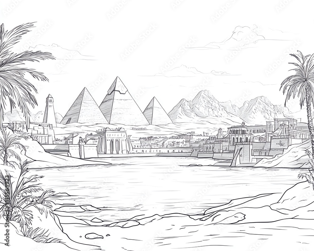 Line drawing of famous world landmarks on a white background, depicted ...