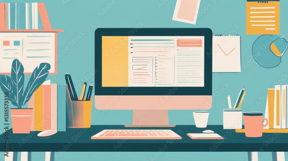 Desk setup with a computer, notepad, and coffee cup, emphasizing ...