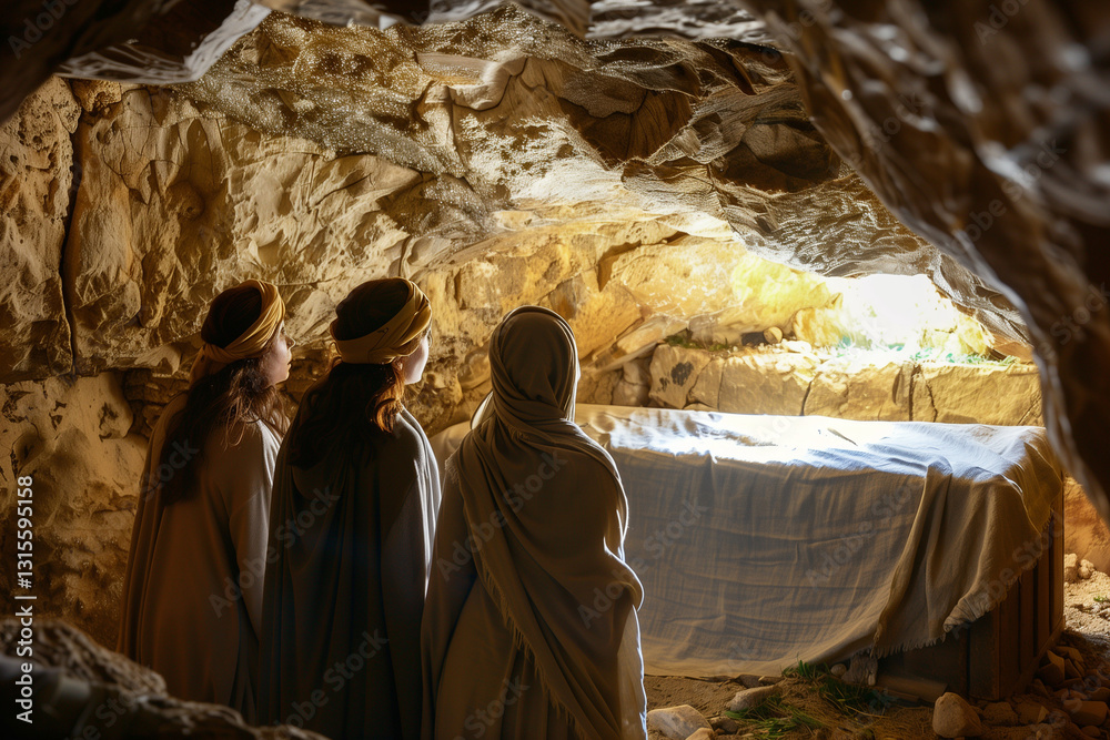 Three Women Finding Jesus’ Empty Tomb and seeing only the burial shroud ...
