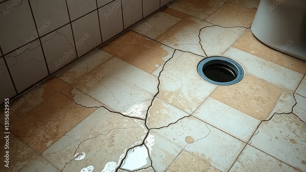 Cracked tile with water leakage in bathroom floor, cracked tile, water ...