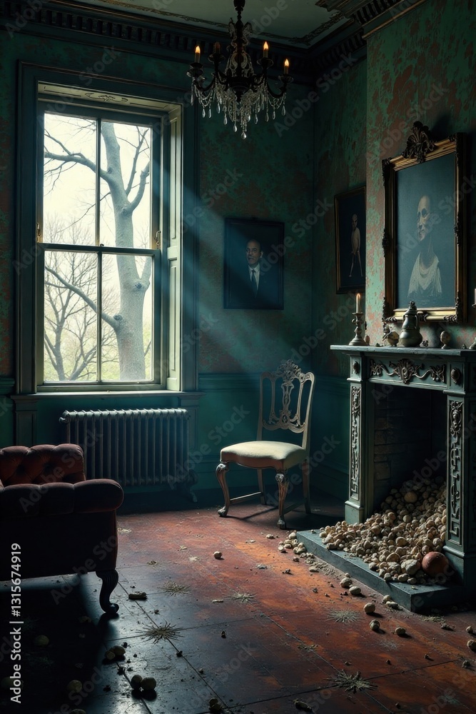 Haunted room with cobwebs and skeletons in a old mansion, haunted room ...