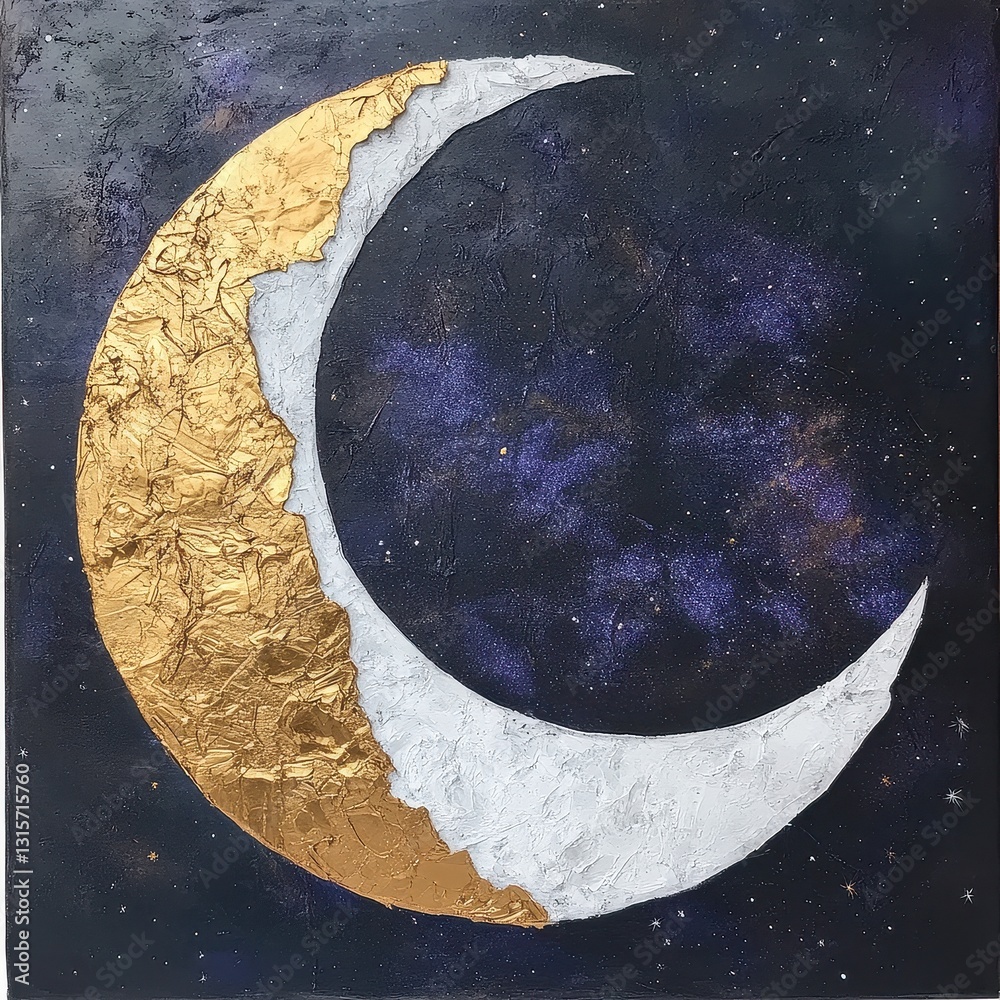 Cosmic art piece, metallic textured full and crescent moon, unique ...