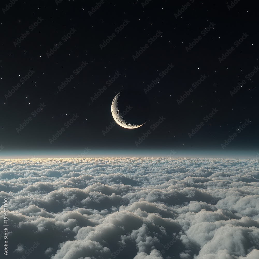 Elegant celestial landscape, realistic full and crescent moon above ...