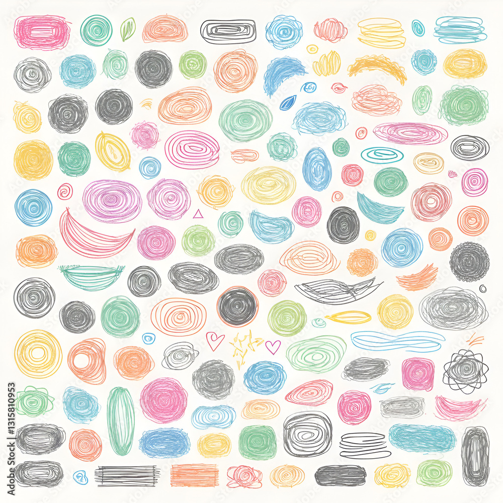 Collection various scribble lines and doodles. Hand drawn multi colored ...