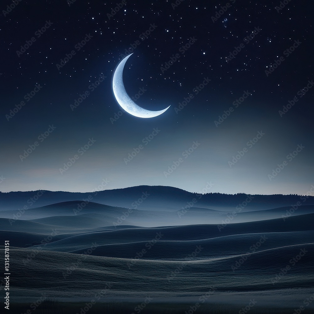Mystical full and crescent moon floating above rolling misty hills ...