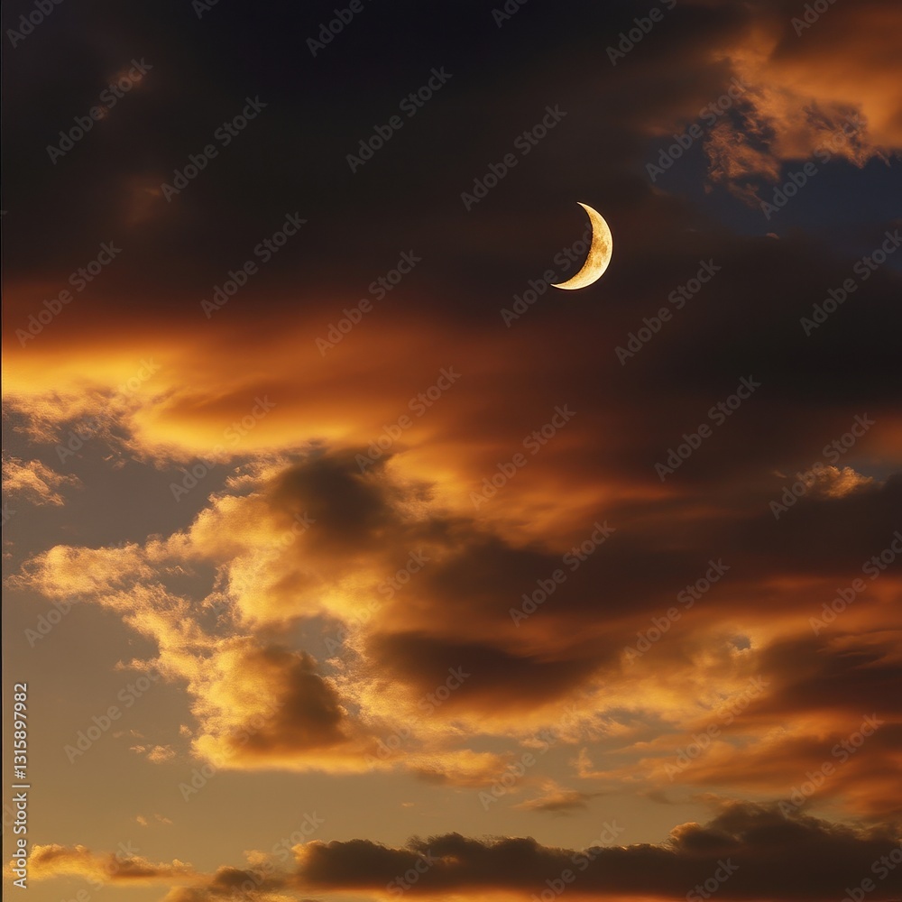08030846 41 Golden hour celestial glow, radiant full moon and crescent ...