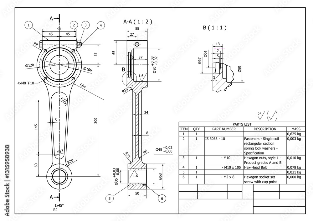 ภาพถ่าย Stock connecting rod, technical drawing, illustration ...