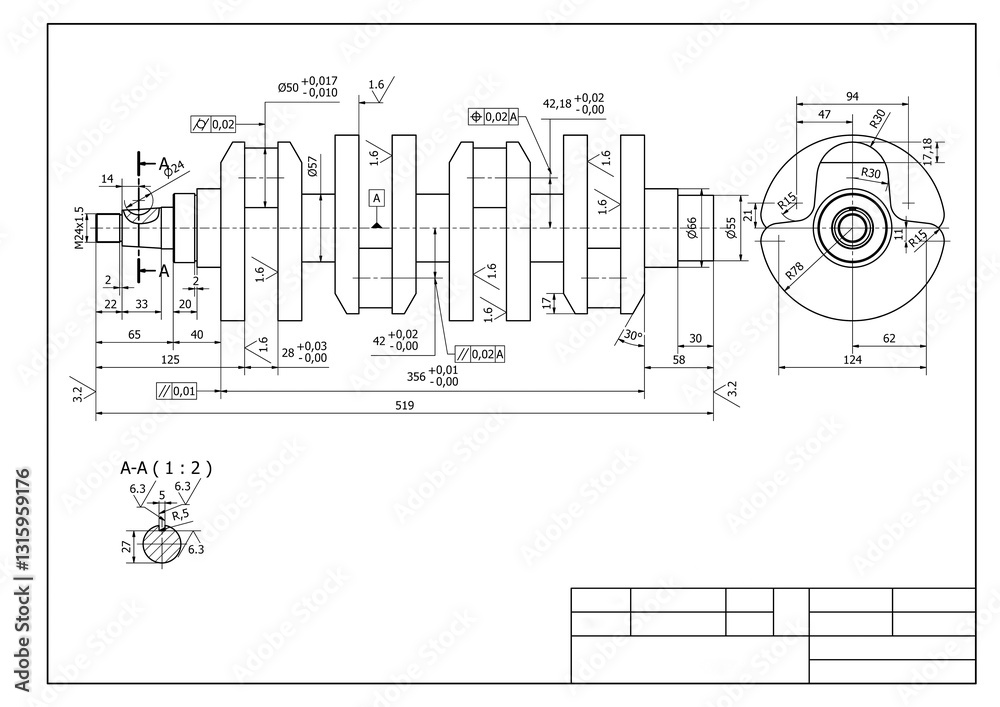 crankshaft, CAD technical drawing, illustration, mechanical part piston ...