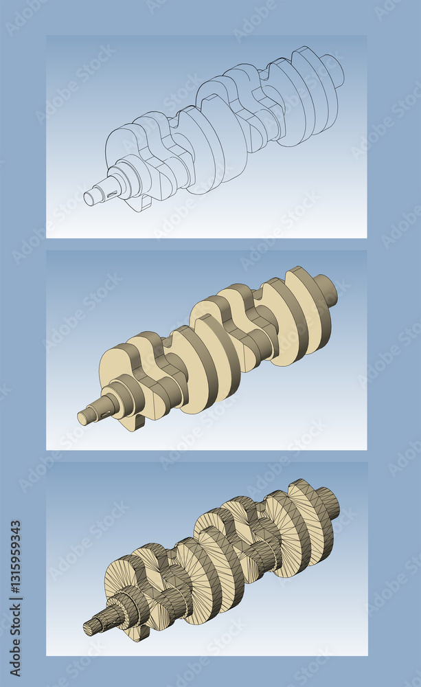 crankshaft, CAD technical drawing, and 3D illustration, structural and ...
