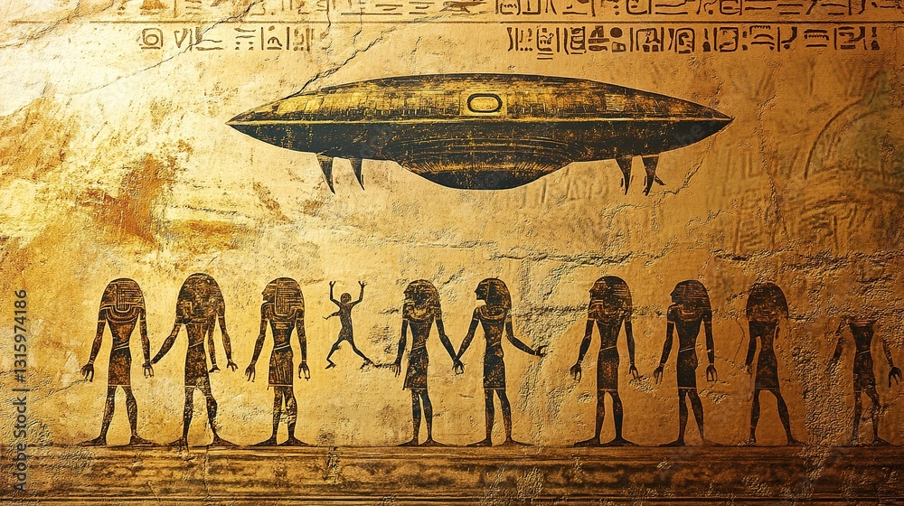 Ancient Egyptian hieroglyphs depicting an alien spaceship and aliens, carved on the wall of an ...