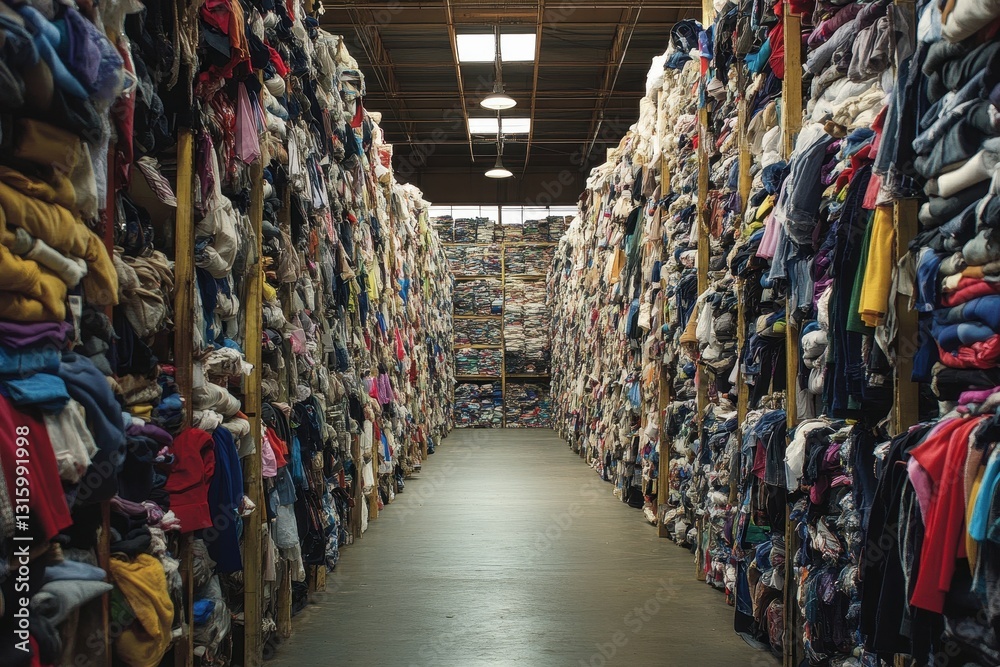 Massive stacks of used clothing fill a warehouse. This photo depicts the scale of the textile ...