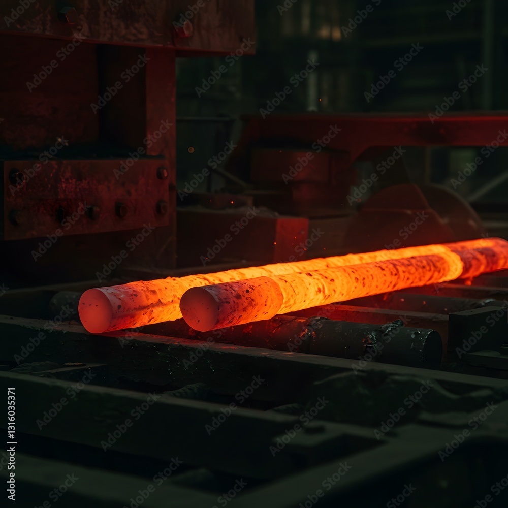symbolizing heat treatment and manufacturing processes. Glowing metal ...