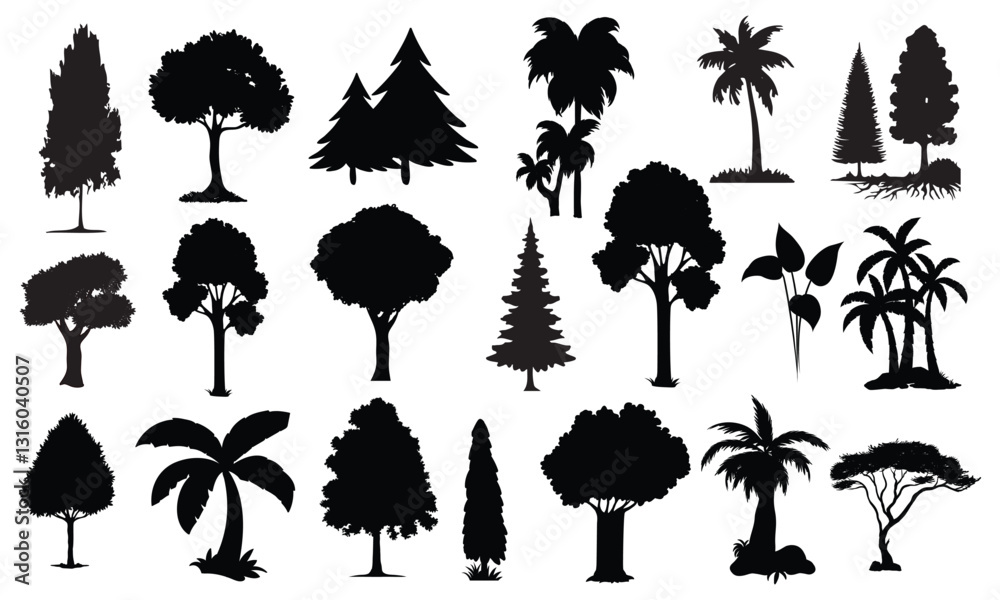 silhouette tree line drawing set, Side view, set of graphics trees ...