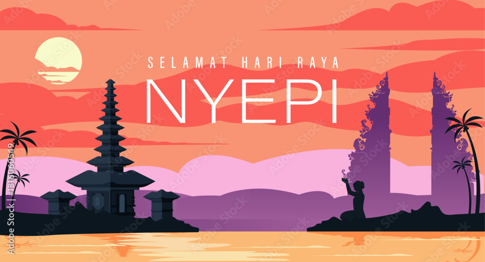 Translation : Happy Nyepi Day. Happy Bali's Day of Silence and Hindu New Year Vector ...