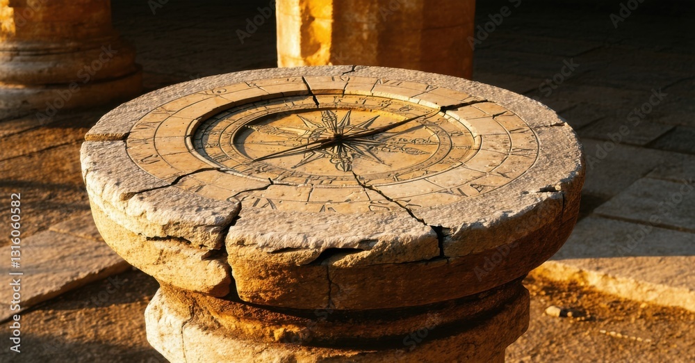 Cracked sundial on ancient stone pillar warm earthy tones and golden ...