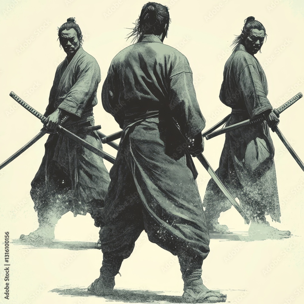 Traditional robes adorn samurai warriors, one holding a katana and the ...
