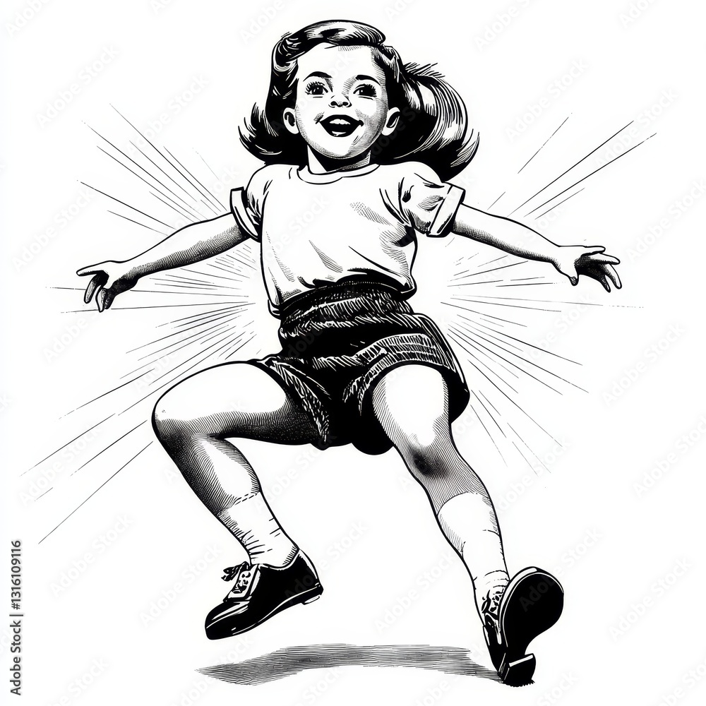 Classic style sketch engraving of a joyful dancing young girl in a ...