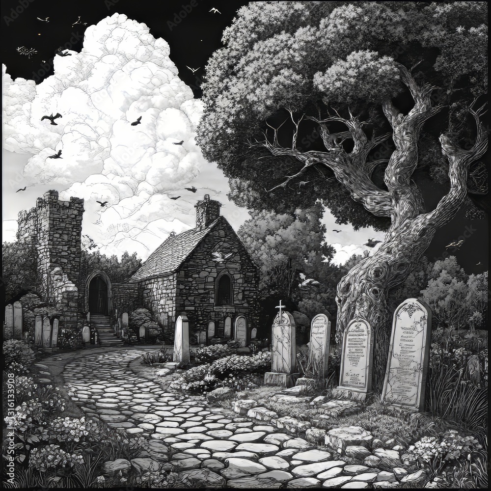 The peaceful cemetery is illustrated in a sketch engraving style using ...
