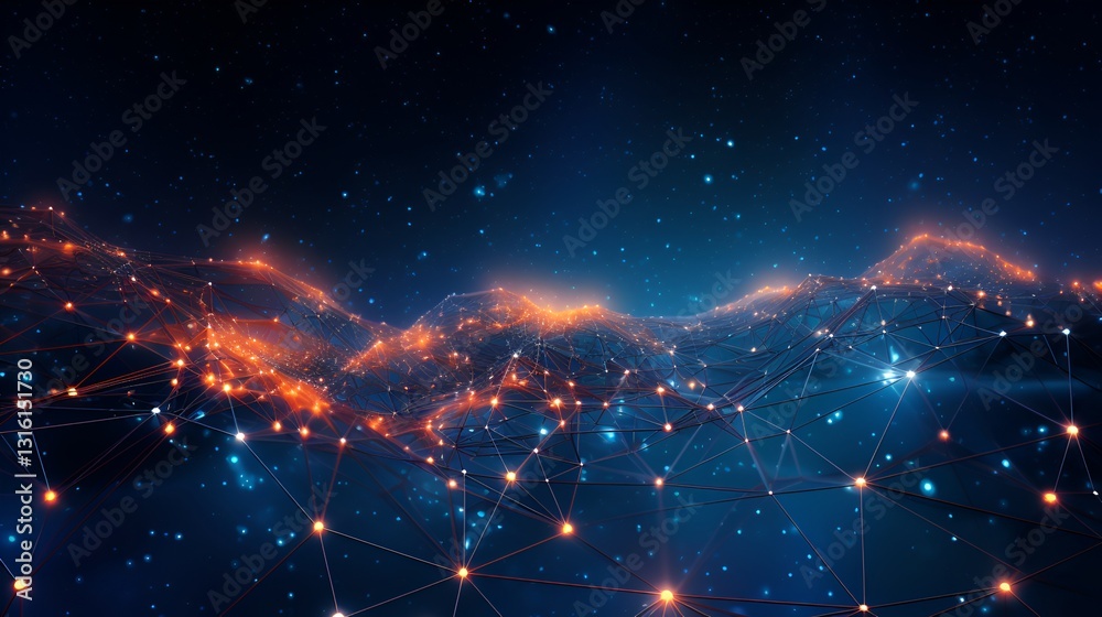 AI training algorithm analyzing massive data streams with interconnected digital nodes and ...