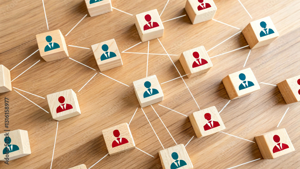 Wooden blocks with pictograms of people are connected by lines ...