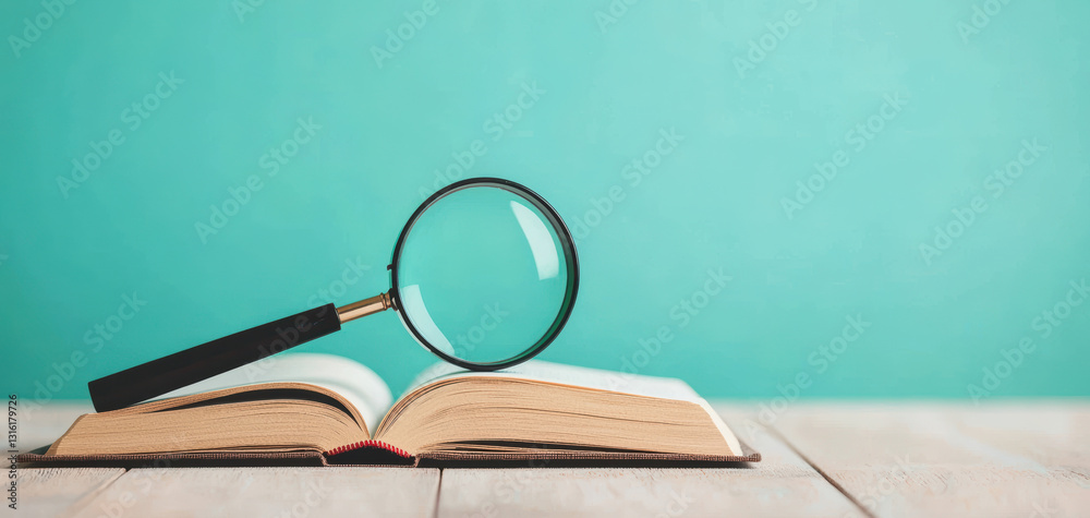 open book with magnifying glass resting on it, set against turquoise ...