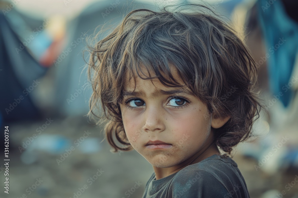 Refugee child in a destroyed city shows the deep sorrow and struggles ...