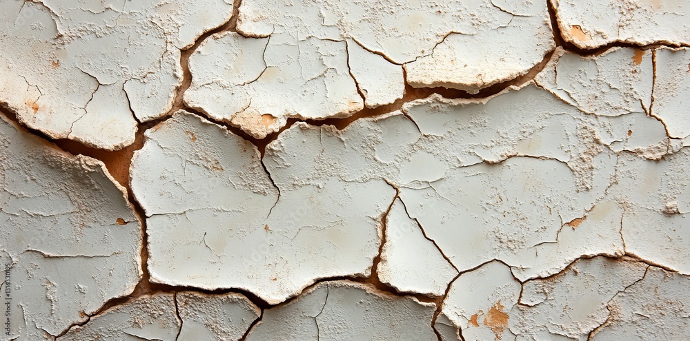 Weathering has caused the white wall's surface to peel, exposing ...