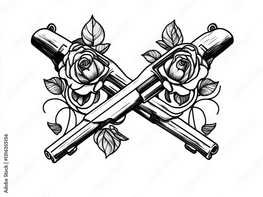 Crossed revolvers with roses form a unique tattoo design that combines ...