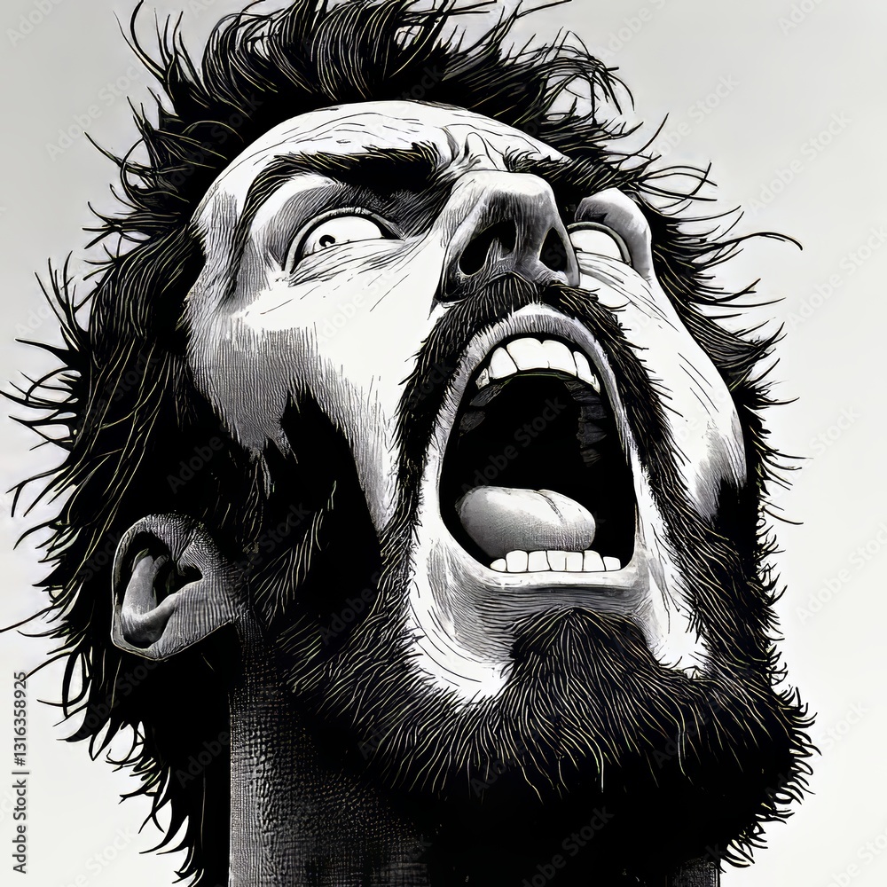 Image of a man screaming, tears streaming down his face, as he ...