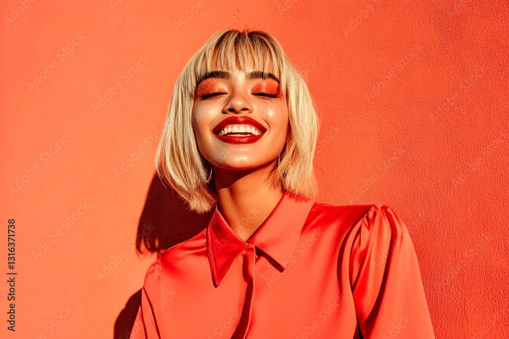 Short trim - blond hair. Lovely smiling mixed-race girl - for ads ...