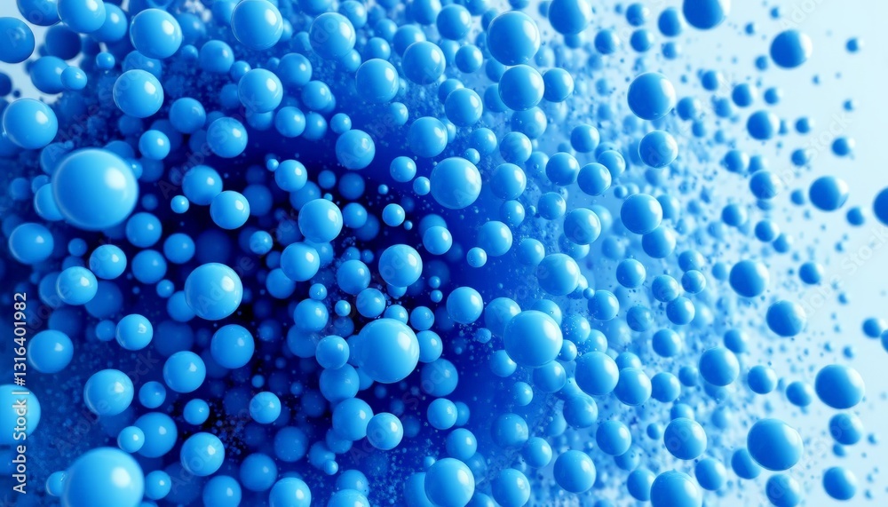 A mass of blue spheres of varying sizes fills the frame, creating a ...