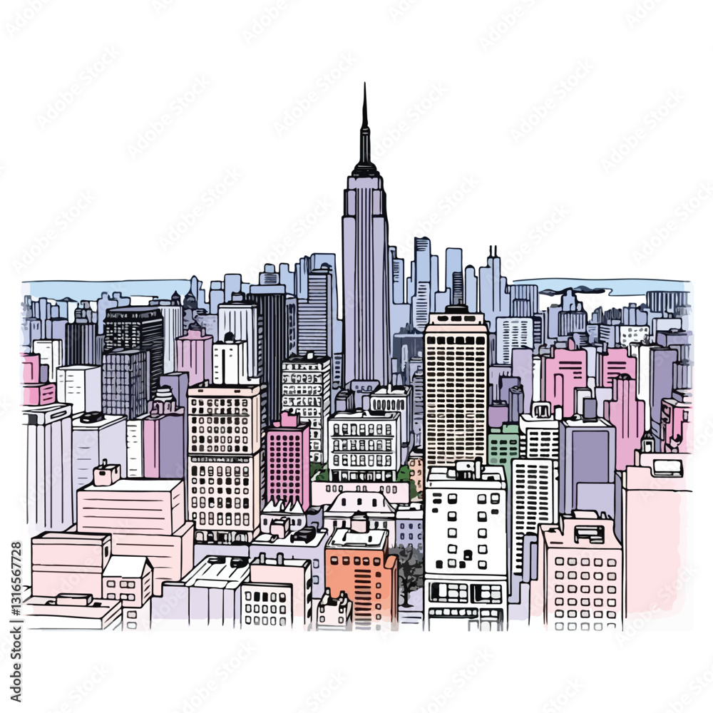A minimalist New York City metropolis drawing, executed as a sketch ...