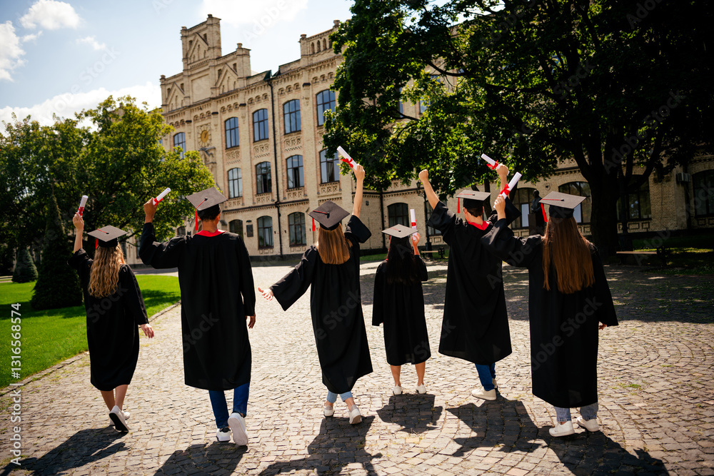 Rear full size photo of group students walk hold diploma groupmates ...