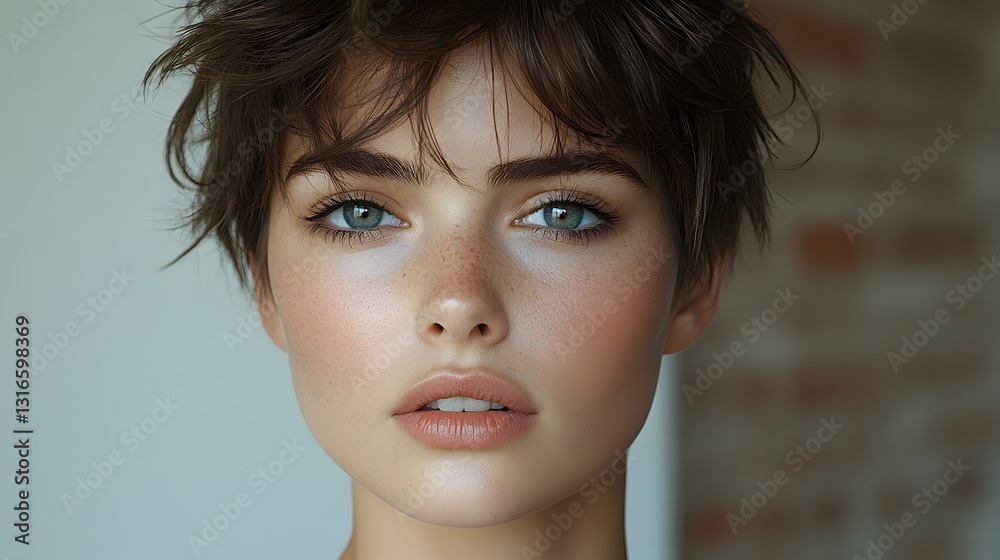 Androgynous individual styling short hair, sleek look, gender-neutral ...