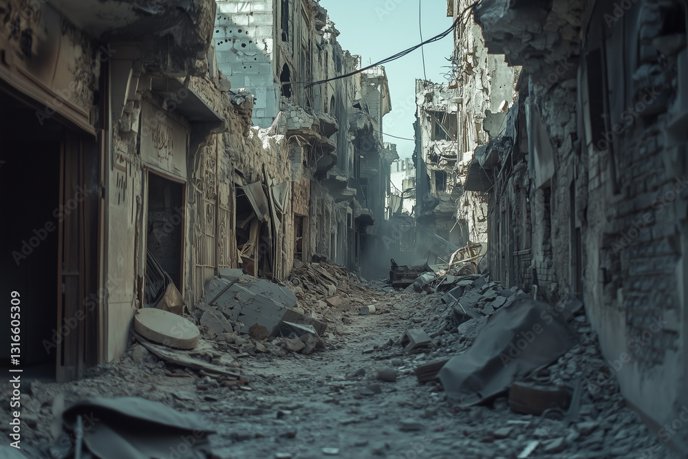 Narrow valley with building collapse after earthquake and tornado ...